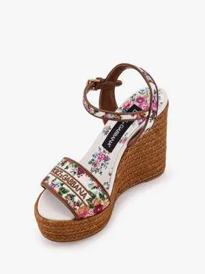 Dolce & Gabbana Raffia Wedge Sandal With Floral Embroidery - Multicolor