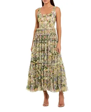 Mac Duggal Floral Printed Ruffle Midi Dress - Yellow Multi