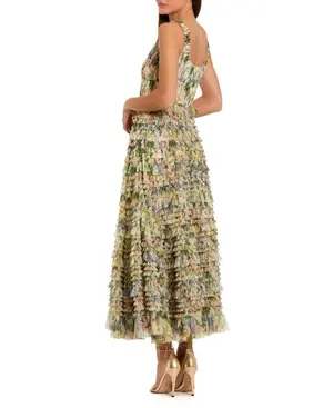 Mac Duggal Floral Printed Ruffle Midi Dress - Yellow Multi
