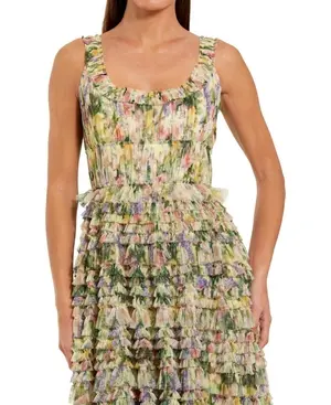 Mac Duggal Floral Printed Ruffle Midi Dress - Yellow Multi