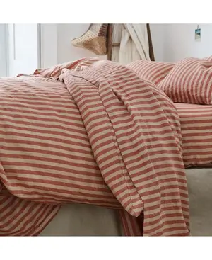 PIGLET IN BED Pembroke Stripe Linen Blend Flat Sheet, Twin - Sandstone Red
