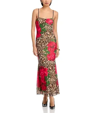 Aqua Leopard And Floral Mesh Maxi Dress Exclusive - Leopard Florals