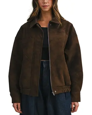 LUVEE Oversized Faux Suede Bomber Jacket - Brown