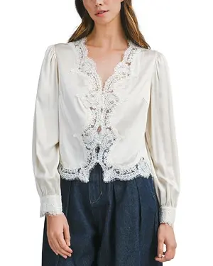 LUVEE Lace Trim Long Sleeve Blouse - Cream