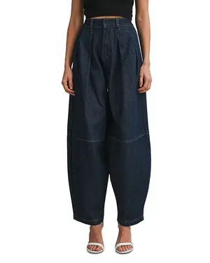 LUVEE Pleated Denim Barrel Leg Pants - Dark Denim