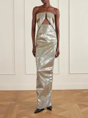 Rick Owens Strapless Cutout Sequined Denim Gown