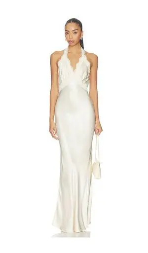 SNDYS. Satin Maxi Dress With Lace Trim - Creme