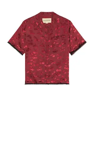 Valentino Garavani Satin Cherry Button Up Shirt In Burgundy