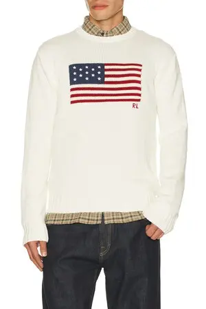 Polo Ralph Lauren Long Sleeve Usa Flag Crewneck Sweater - Deckwash White