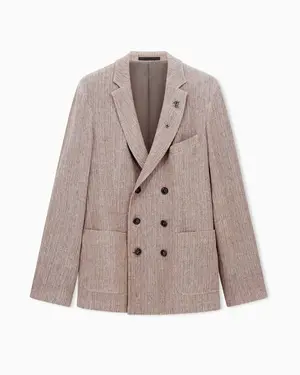 Giorgio Armani Double-breasted Jacket In A Mouliné Linen Jacquard - Beige