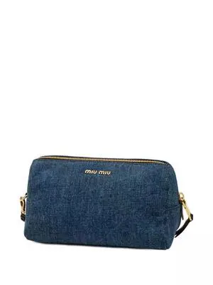 Miu Miu Denim Embroidered Logo Wristlet Pouch