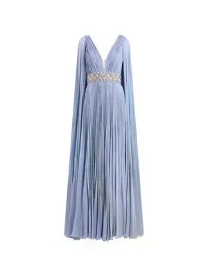Jenny Packham Embellished-waist Pleated Maxi Dress - Blue