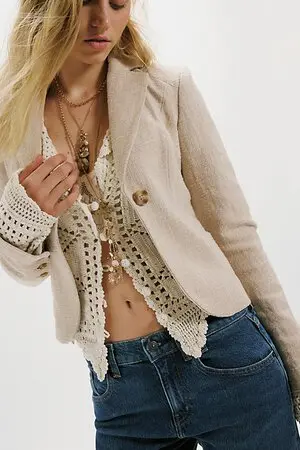 Free People Textured Blazer With Tortoiseshell Button Closure - Neutral