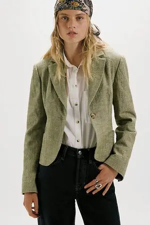 Free People Textured Blazer With Tortoiseshell Button Closure - Sage