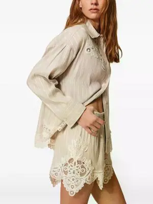 TWINSET Linen Blend Jacquard Shirt With Lace Appliqu