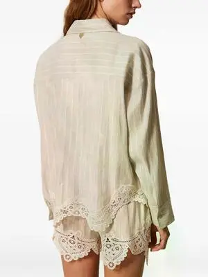 TWINSET Linen Blend Jacquard Shirt With Lace Appliqu