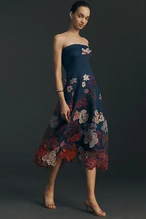Maeve Strapless Floral Chiffon Midi Dress - Navy