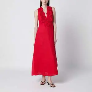 Farm Rio Linen Dress With Floral Appliqués - Red