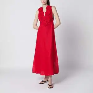 Farm Rio Linen Dress With Floral Appliqués