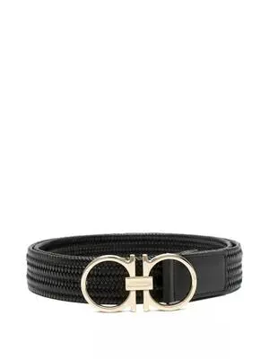FERRAGAMO Woven-leather Gancini Buckle Belt - Black
