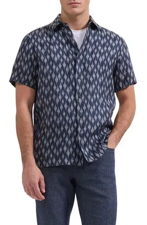 Bugatchi Vero Shaped Fit Geometric Print Short Sleeve Button-up Shirt - Navy