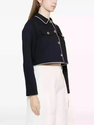 Maje Cropped Buttoned Jacket With Piped Trim - Blue
