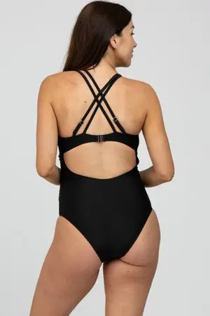 PINKBLUSH Ruched Side Strappy Cross Back One Piece Swimsuit - Black