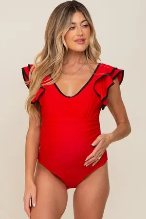 PINKBLUSH Color Blocked Maternity One-piece Swimsuit - Red