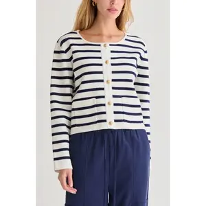 CRESCENT Striped Jacquard Knit Cardigan - Ivory/navy