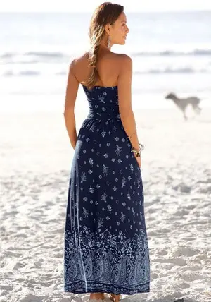 LASCANA Bandeau Maxi Dress With Elaborate Border Print - Navy Printed