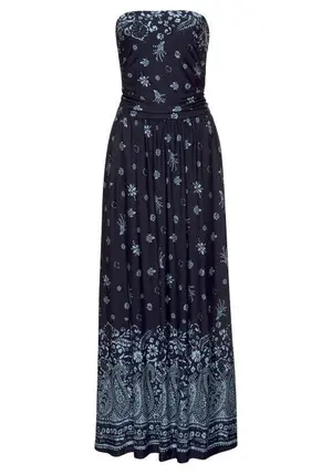 LASCANA Bandeau Maxi Dress With Elaborate Border Print - Navy Printed