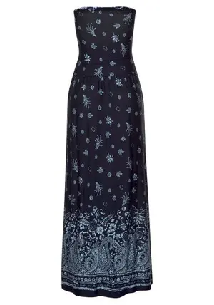 LASCANA Bandeau Maxi Dress With Elaborate Border Print - Navy Printed
