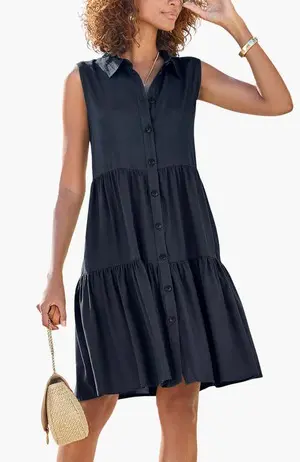 LASCANA Sleeveless Tiered Shirt Dress - Navy