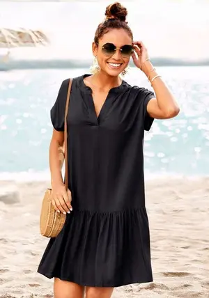 LASCANA Notch Neck Flounce Hem Shift Dress - Black