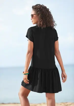LASCANA Notch Neck Flounce Hem Shift Dress - Black