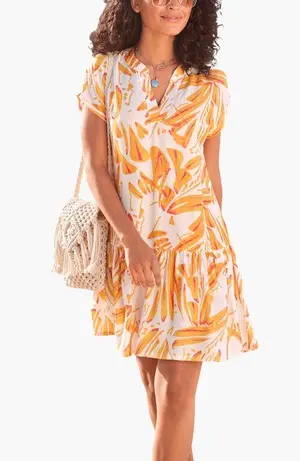 LASCANA Flounce Hem Shift Dress - Sand Multi