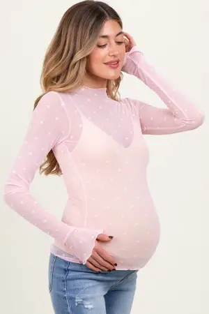 PINKBLUSH Mesh Heart High Neck Long Sleeve Top - Light Pink