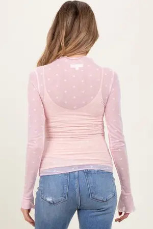 PINKBLUSH Mesh Heart High Neck Long Sleeve Top - Light Pink