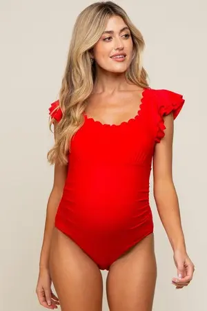 PINKBLUSH Scalloped Neck Ruffle Shoulder One-piece Swimsuit - Red
