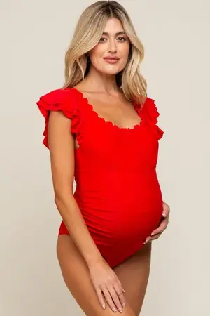PINKBLUSH Scalloped Neck Ruffle Shoulder One-piece Swimsuit