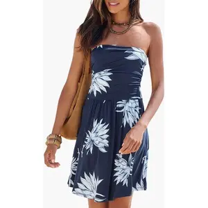 LASCANA Strapless Printed Fit & Flare Mini Dress - Dark Blue Multi