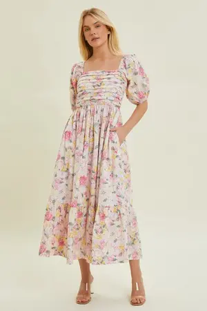 PINKBLUSH Floral Pleated Midi Dress With Puff Sleeves - Lavender