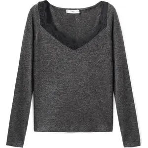 Mango Lace Trim Long Sleeve Top - Medium Heather Grey