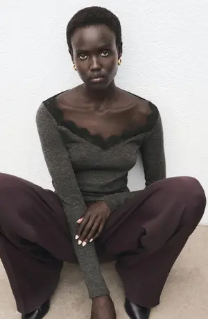 Mango Lace Trim Long Sleeve Top