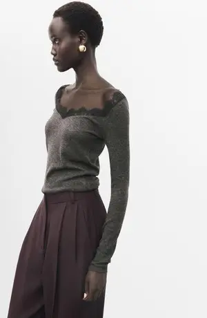 Mango Lace Trim Long Sleeve Top