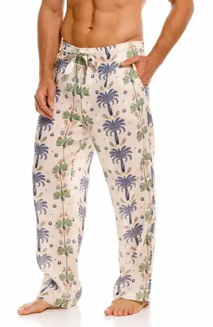 THE LAZY POET Ben Riviera Palms Ecru Linen Pajama Pants