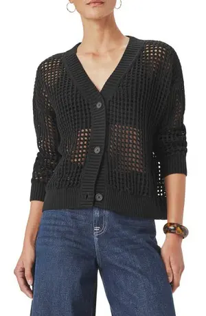 Splendid Camellia Openwork V-neck Cotton-blend Cardigan - Black