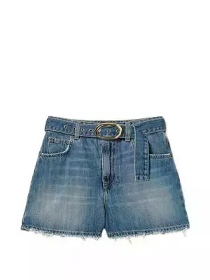 TWINSET Belted Stone Wash Denim Shorts With Fringed Hem - Blue