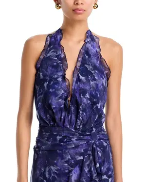 Aqua Floral Ruffle Maxi Dress - Navy