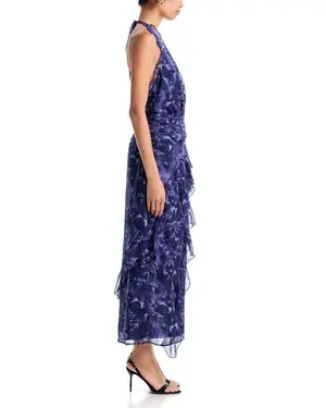 Aqua Floral Ruffle Maxi Dress - Navy